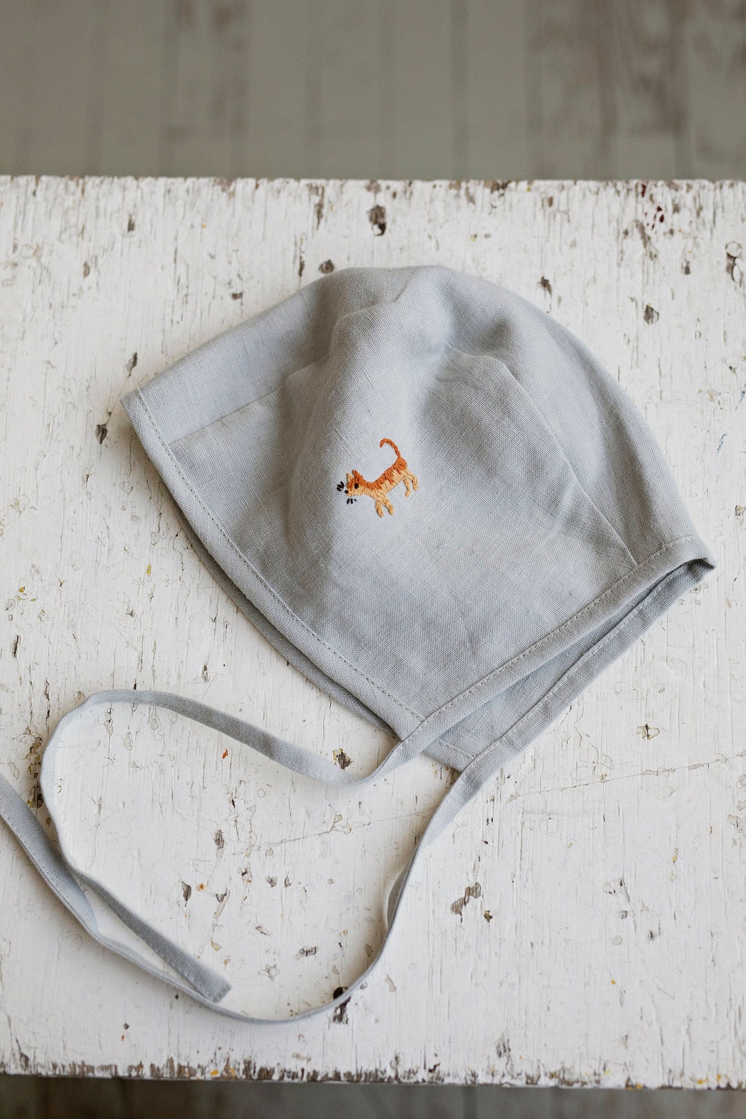 Fog Grey Linen Bonnet: Hand Embroidered Kids Hat - Etsy