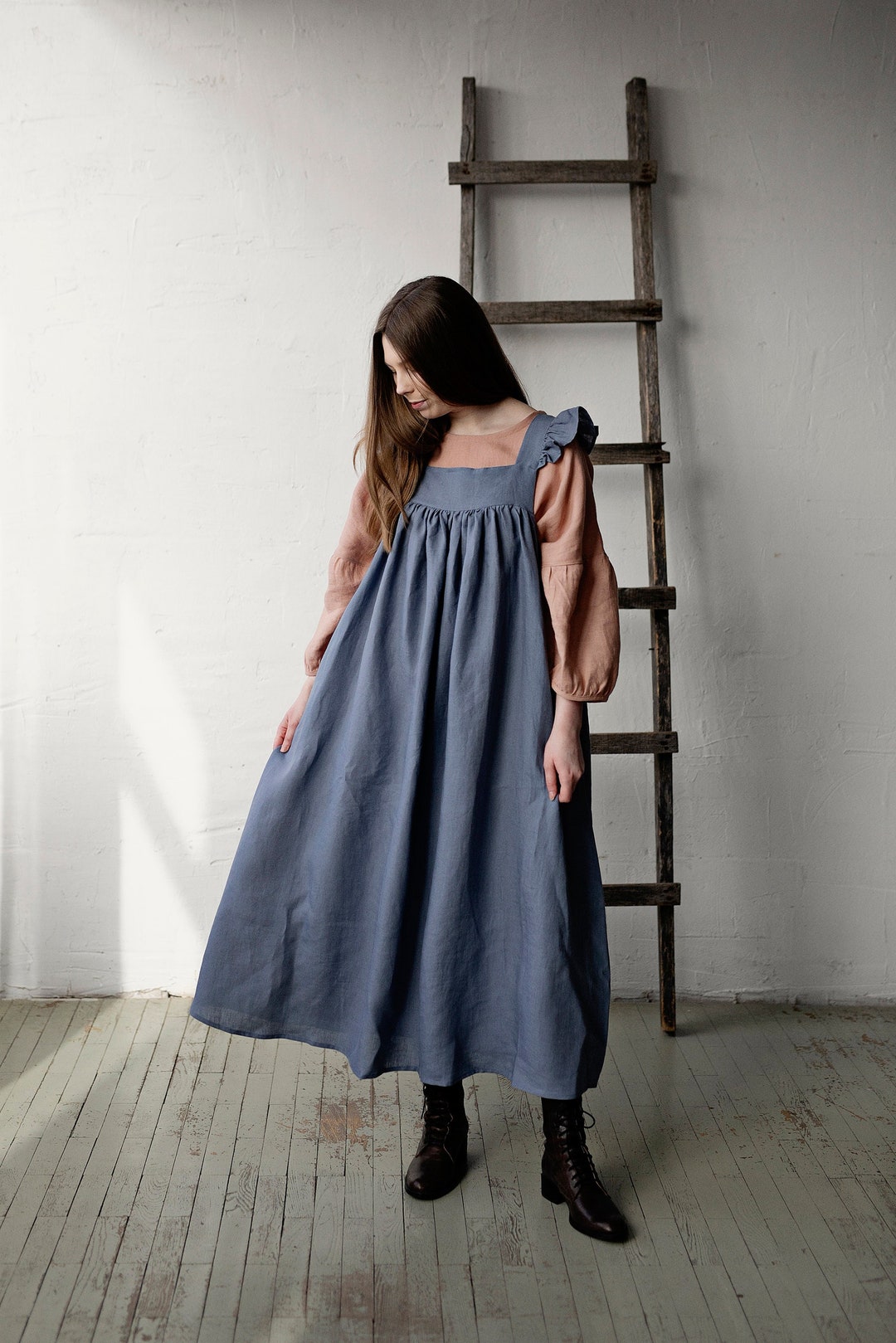 Dusty Blue Prairie Dress, Linen Dress With Flutter Sleeves, Oversized ...