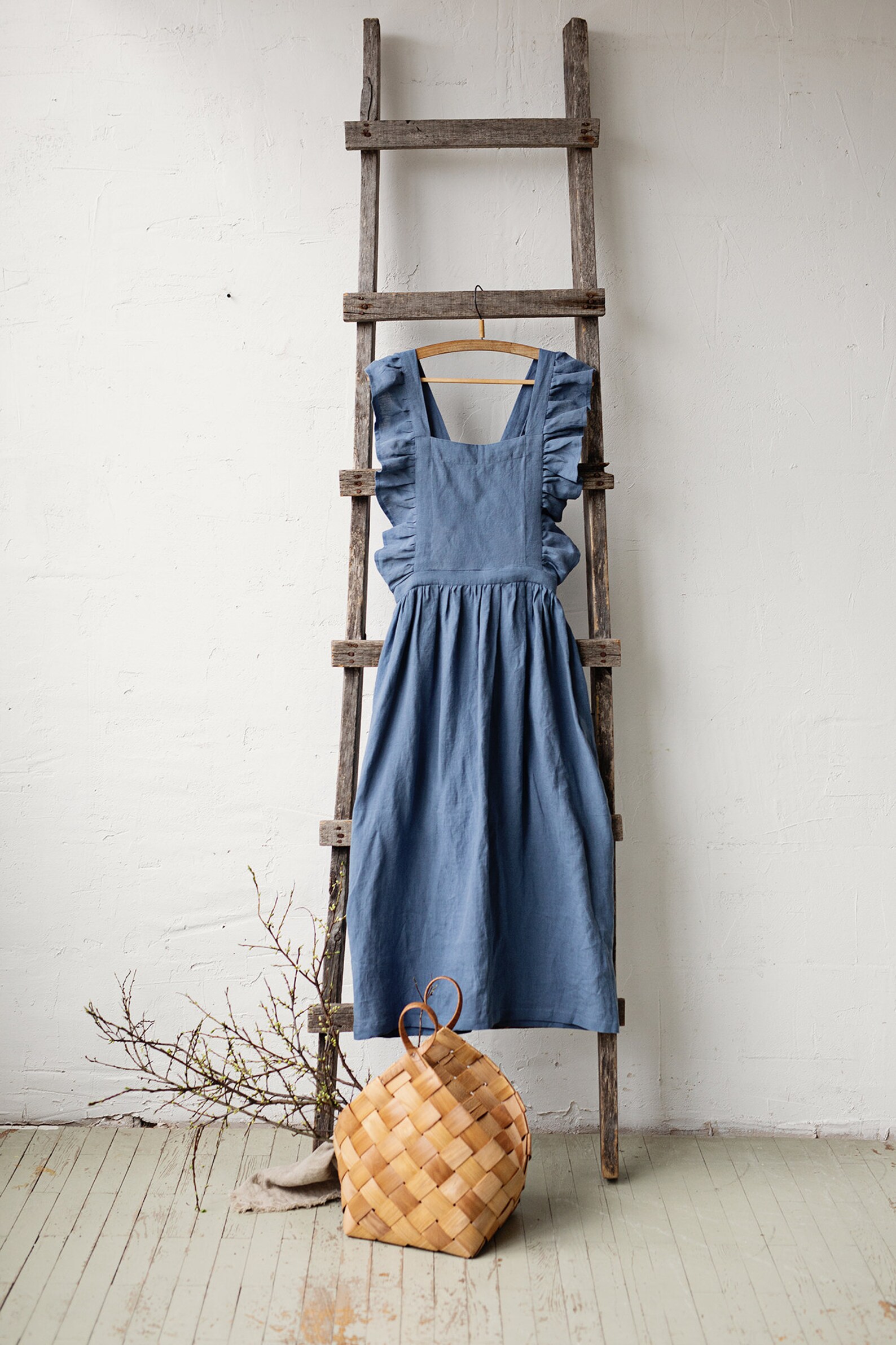 Dusty Blue Long Vintage Apron Linen Pinafore With Wings - Etsy