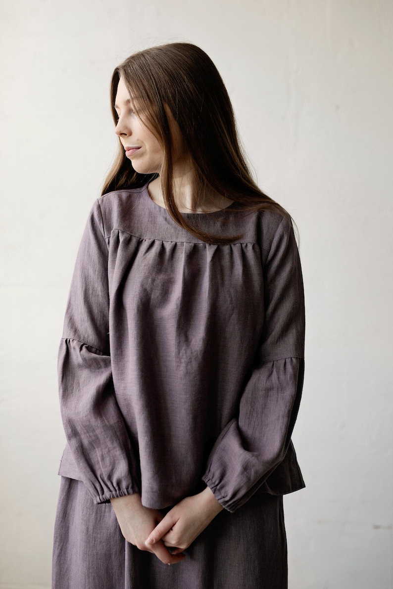 Mauve Linen Victorian Tunic: Ruffled Long Sleeve Blouse - Etsy
