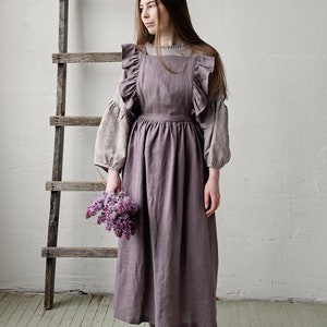 Mauve Long Vintage Apron, Linen Pinafore With Wings, Linen Apron, Victorian Maids Apron ...