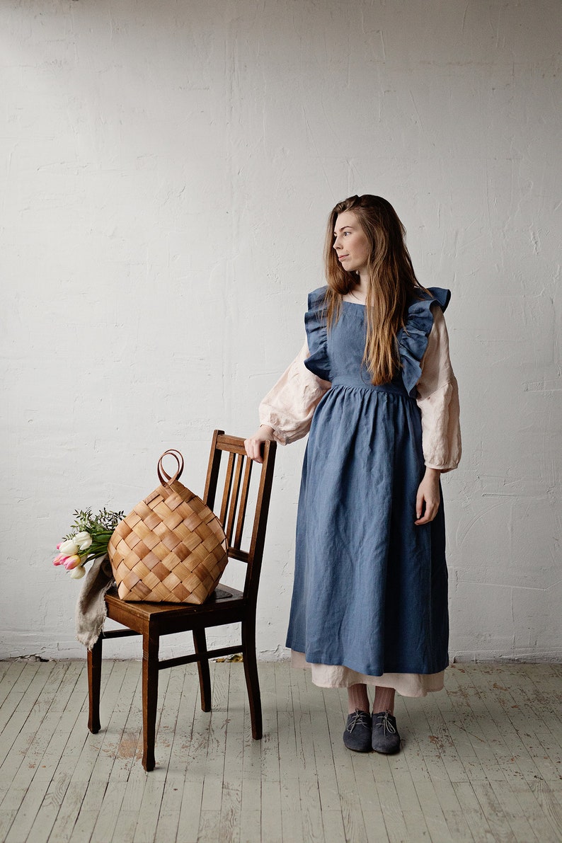 Dusty Blue Long Vintage Apron Linen Pinafore With Wings - Etsy