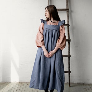 Dusty Blue Prairie Dress, Linen Dress With Flutter Sleeves, Oversized ...