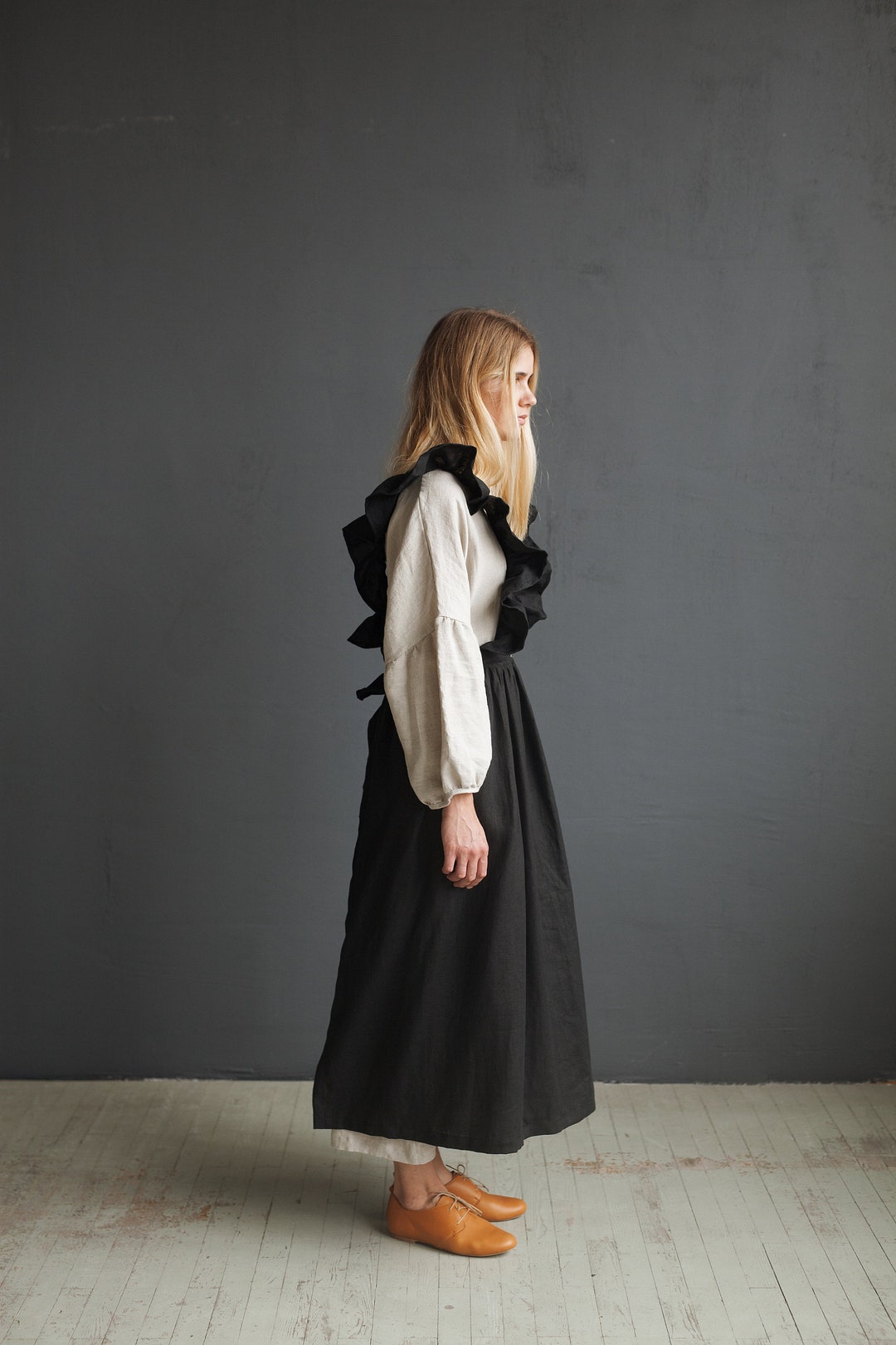 Black Long Vintage Apron, Linen Pinafore With Wings, Linen Apron, Victorian Maids Apron ...