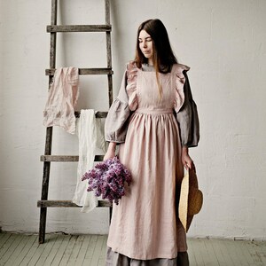 Baby Pink Long Vintage Apron, Linen Pinafore With Wings, Linen Apron, Victorian Maids Apron ...