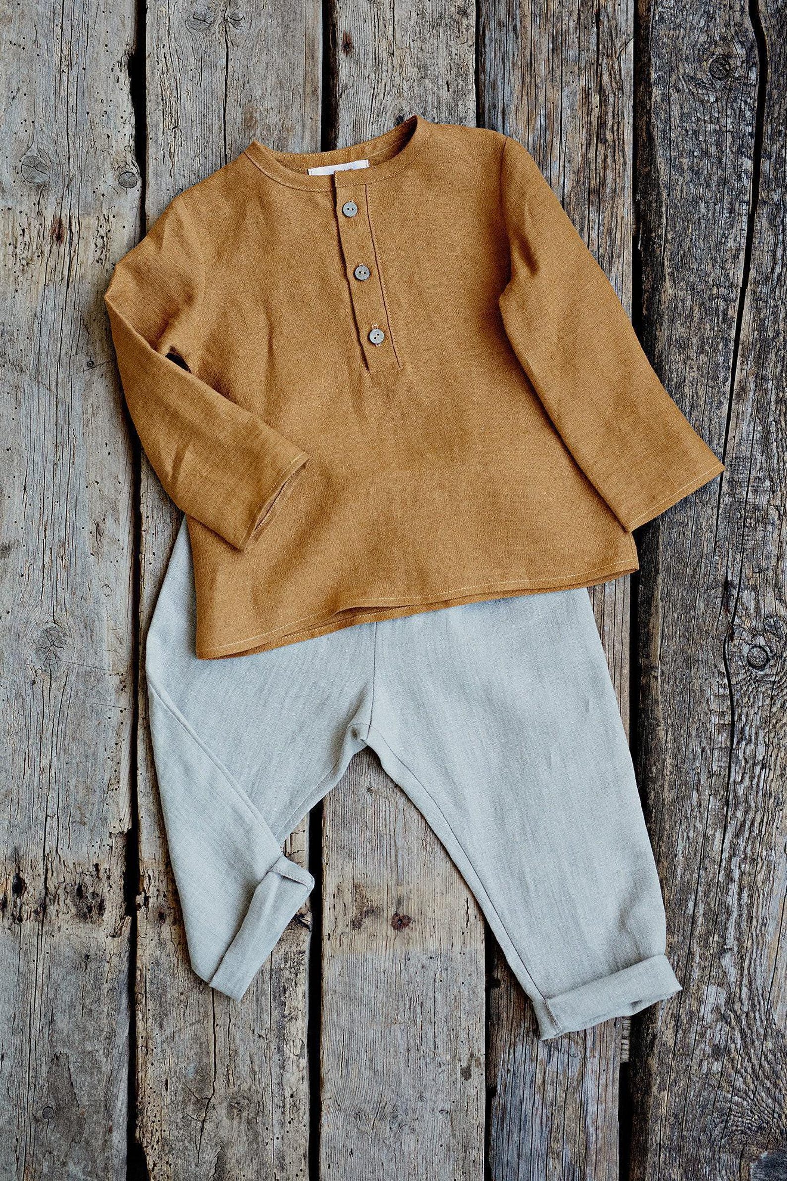 Mustard Linen Kids Shirt: Long Sleeve Unisex Embroidered Top - Etsy