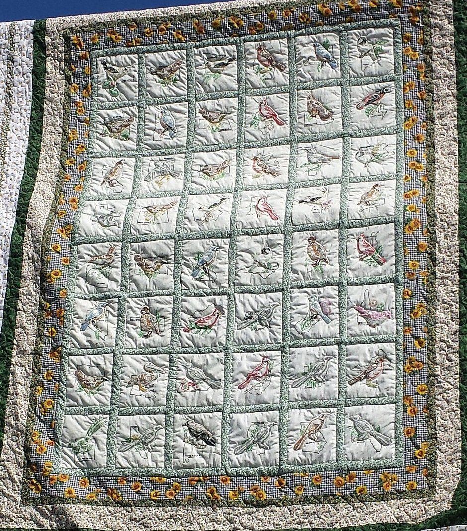 Hand Embroidered State Bird King or Queen Size Quilt, Quilts for Sale ...
