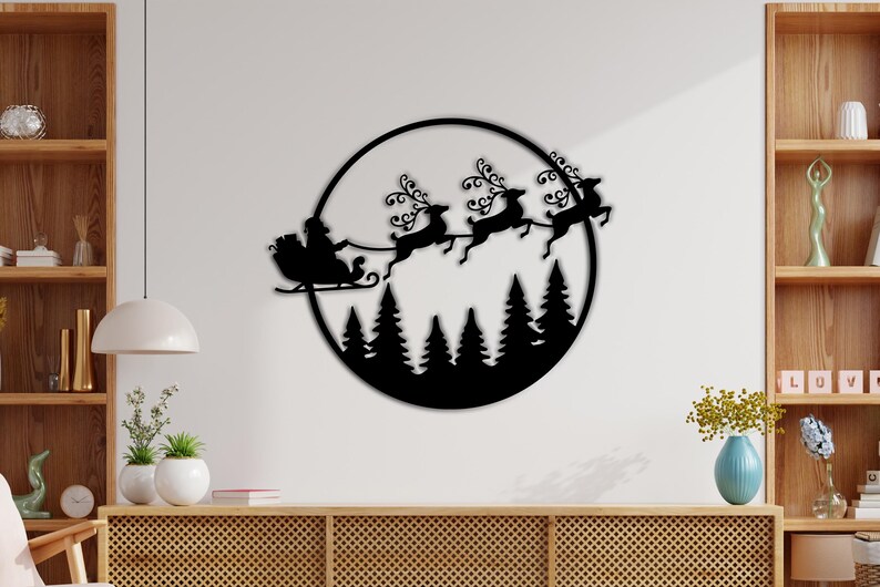 Santa Sleigh and Reindeer Christmas Wall Decor Festive Woodland Scene ...