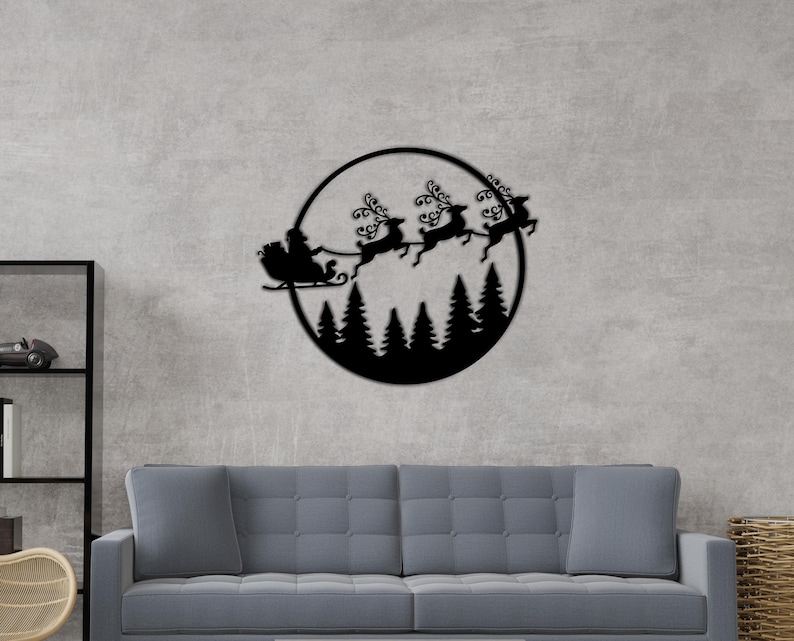 Santa Sleigh and Reindeer Christmas Wall Decor Festive Woodland Scene ...