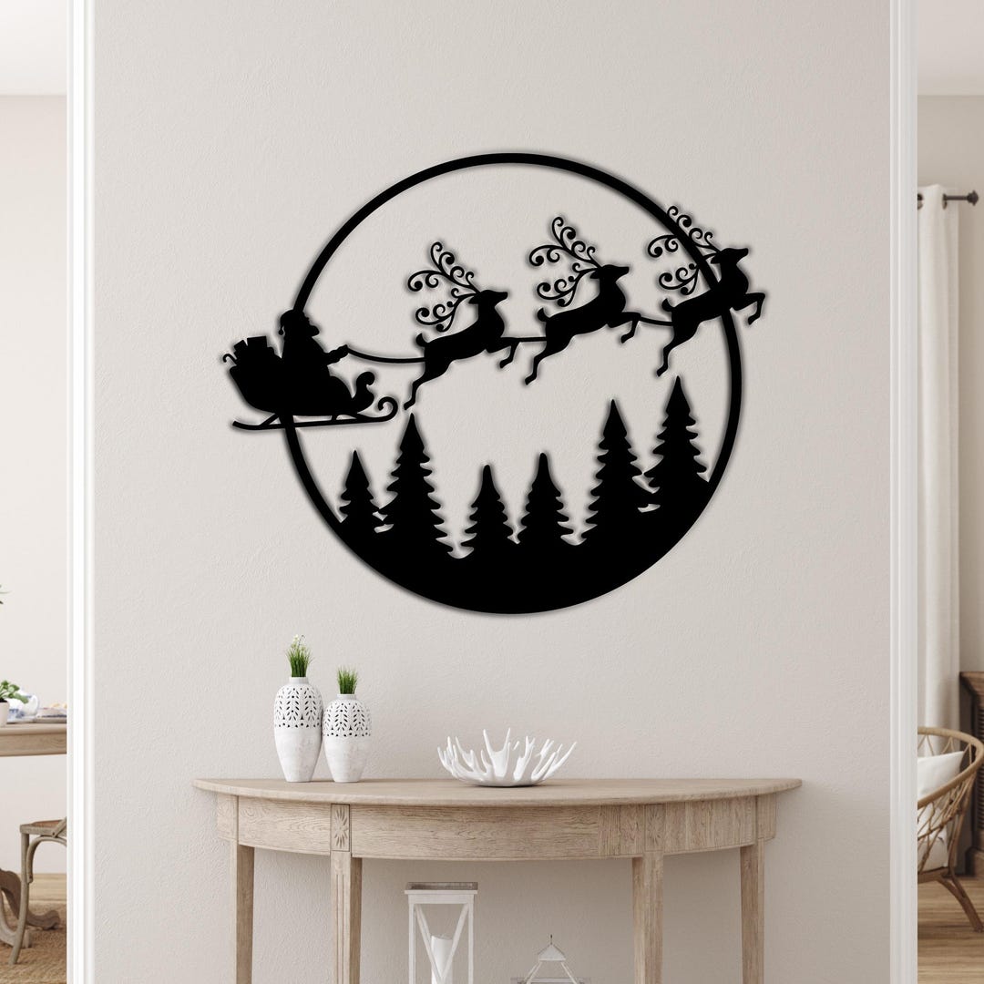 Santa Sleigh and Reindeer Christmas Wall Decor | Festive Woodland Scene ...