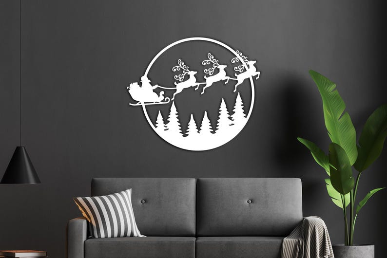 Santa Sleigh and Reindeer Christmas Wall Decor Festive Woodland Scene ...