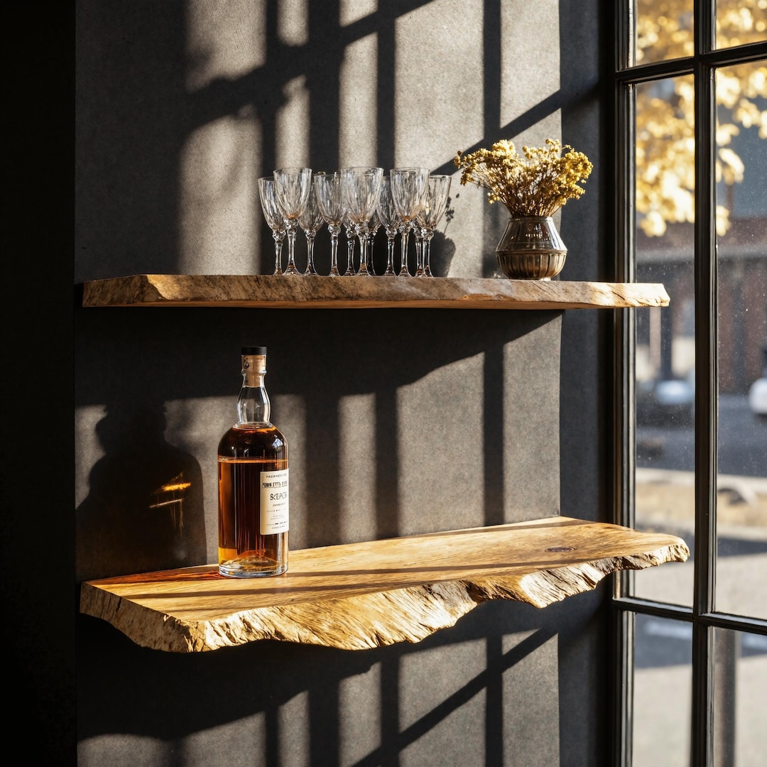 Home Bar Floating Shelves Natural Wood Bar Shelf Wall Wood Drinking ...