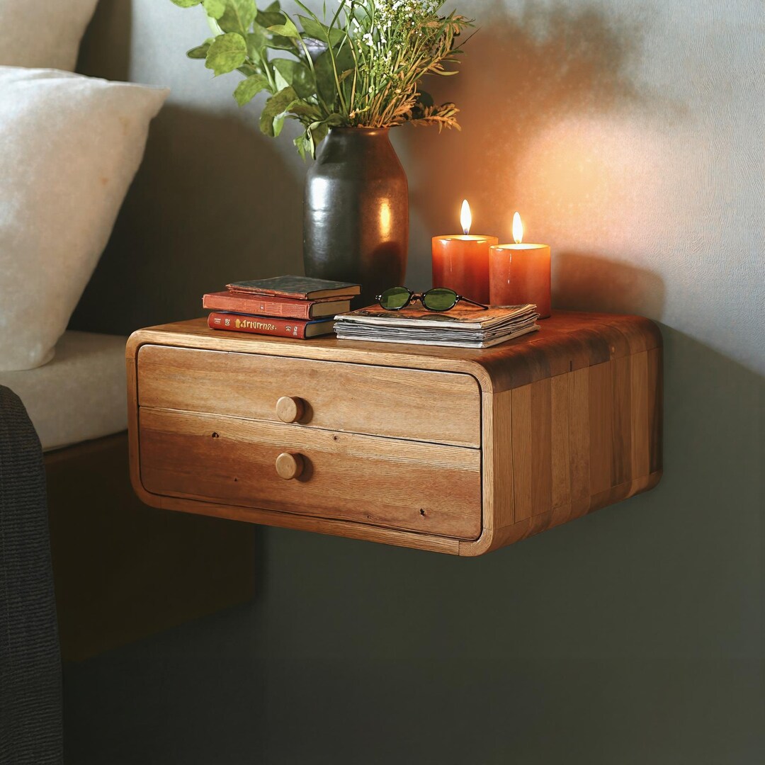Handmade Floating Nightstand With Drawer Natural Wood Bedside Shelf ...