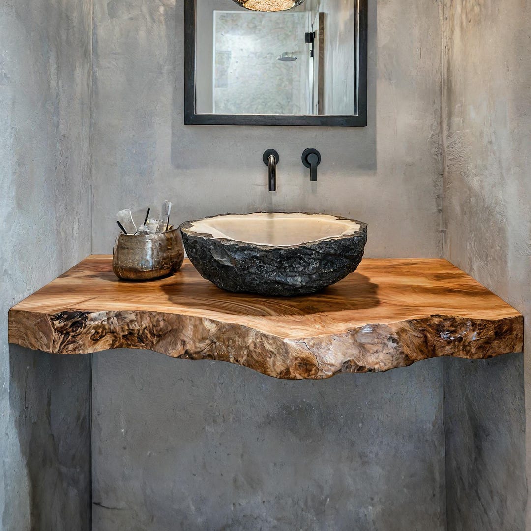 Handcrafted Live Edge Bathroom Vanity Shelf Rustic Floating Vanity Desk ...