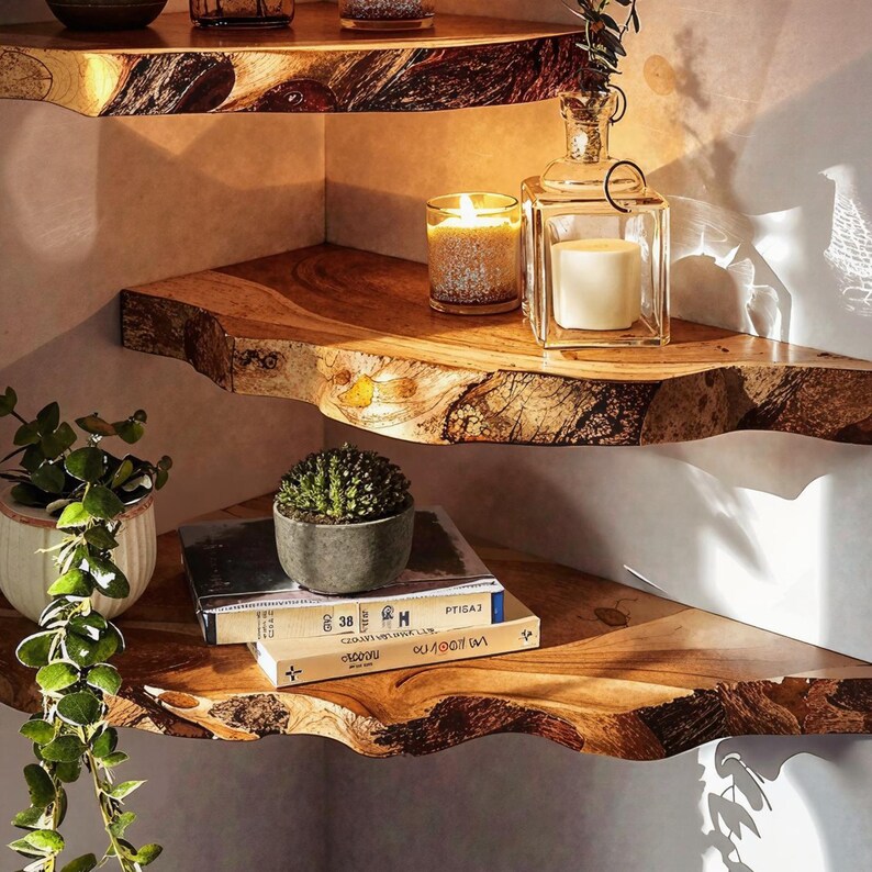 Rustic Floating Corner Shelf Live Edge Floating Shelf Bookshelf ...
