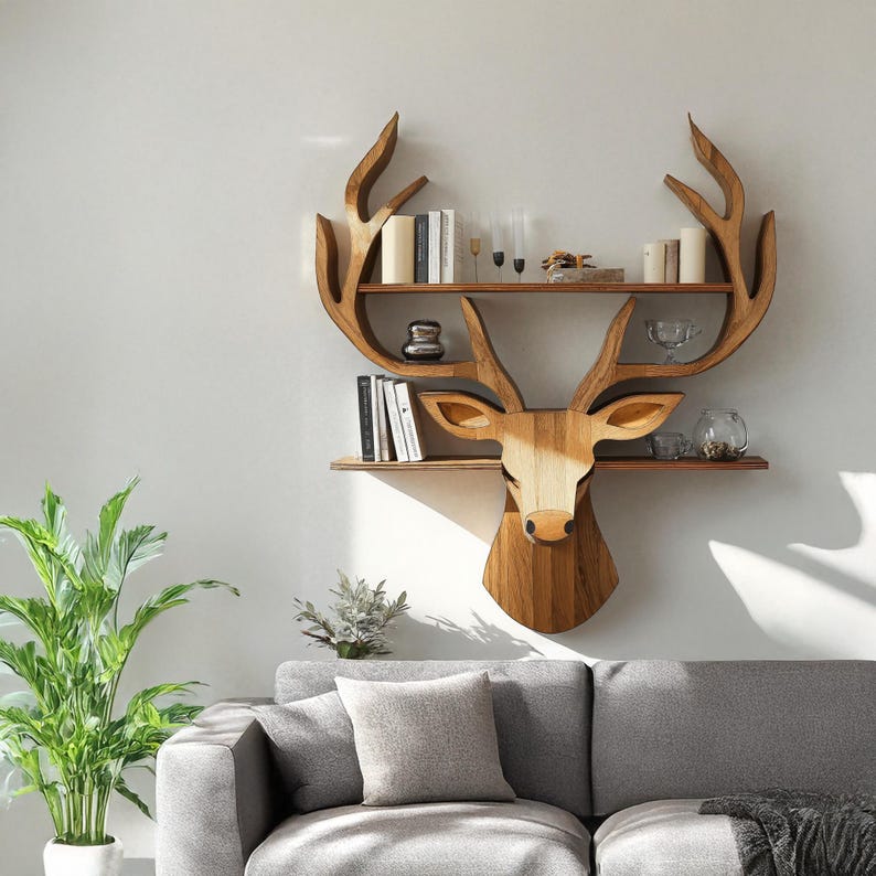 Reclaimed Wooden Deer Head Wall Shelf Handcrafted Floating Bookshelf ...