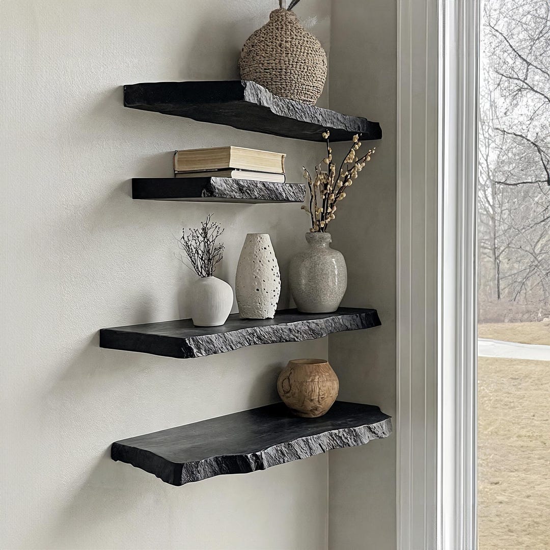 Rustic Floating Corner Shelf Live Edge Floating Shelf Bookshelf ...