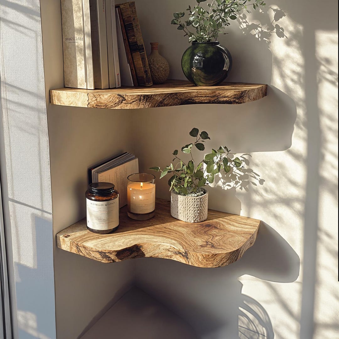 Rustic Floating Corner Shelf Live Edge Floating Shelf Bookshelf ...