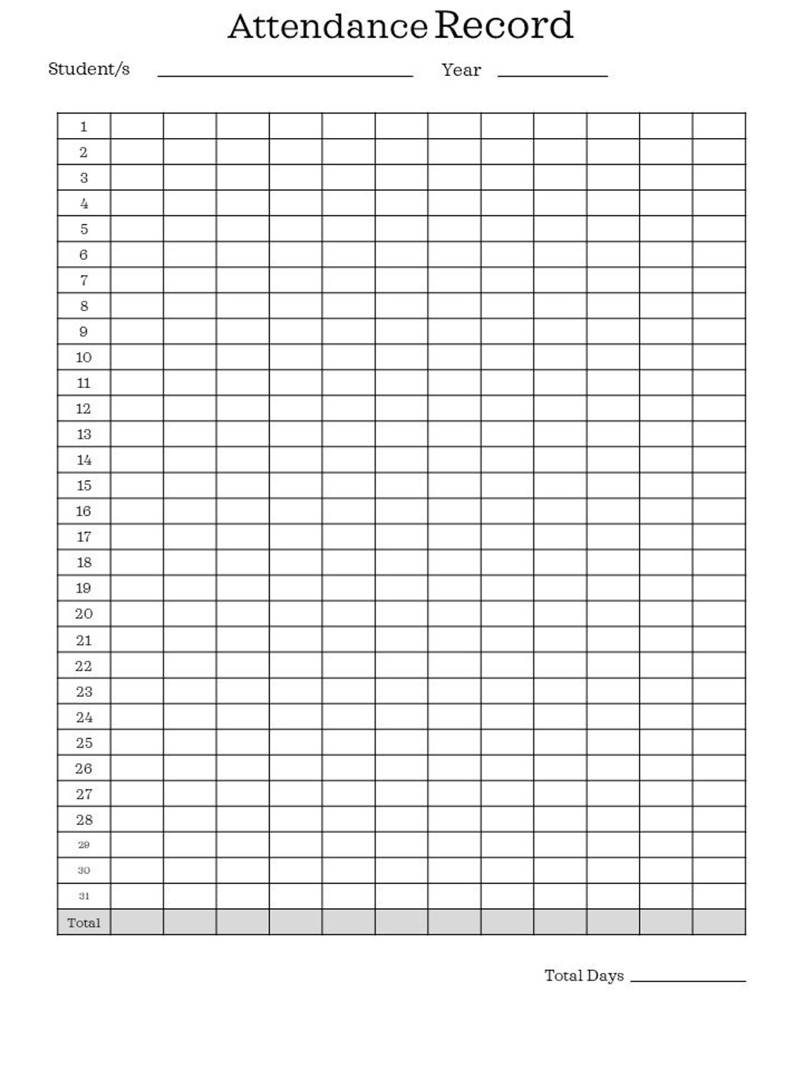 Homeschool Attendance Record Printable Attendance Record | Etsy