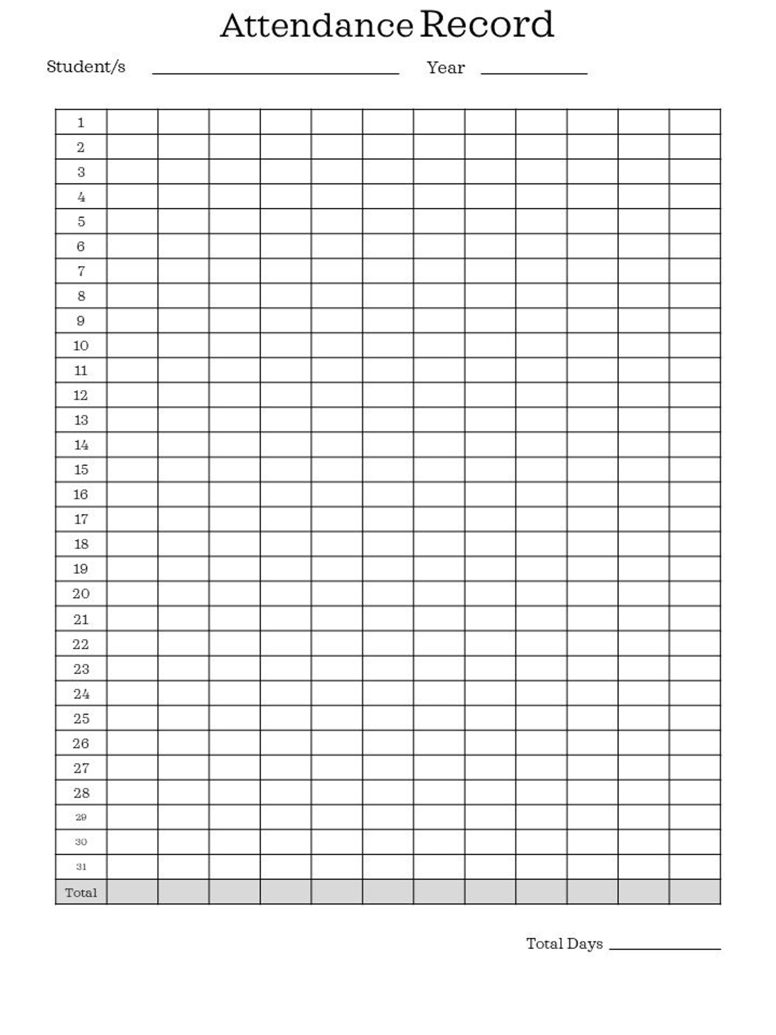 Homeschool Attendance Record Printable Attendance Record | Etsy
