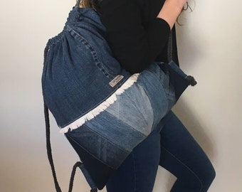 Denim Drawstring Backpack UNIQUE Purse Sports Bag, Back to School ...