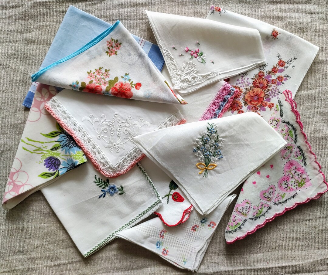 Set of 12 Pieces of Vintage Handkerchiefs and Napkins, Sewn From Cotton ...