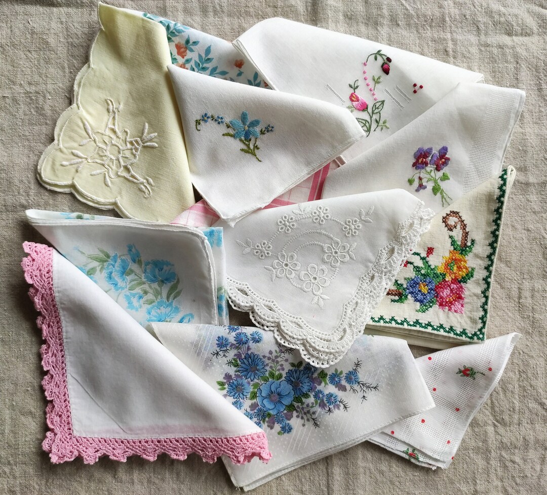 Set of 12 Pieces of Vintage Handkerchiefs and Napkins, Sewn From Cotton ...