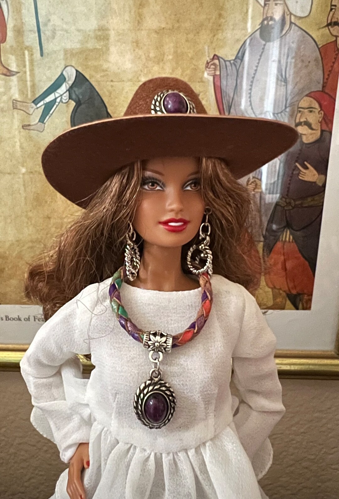 Handmade for Barbie Cowboy Hat and Purple Stone Necklace and Earrings ...