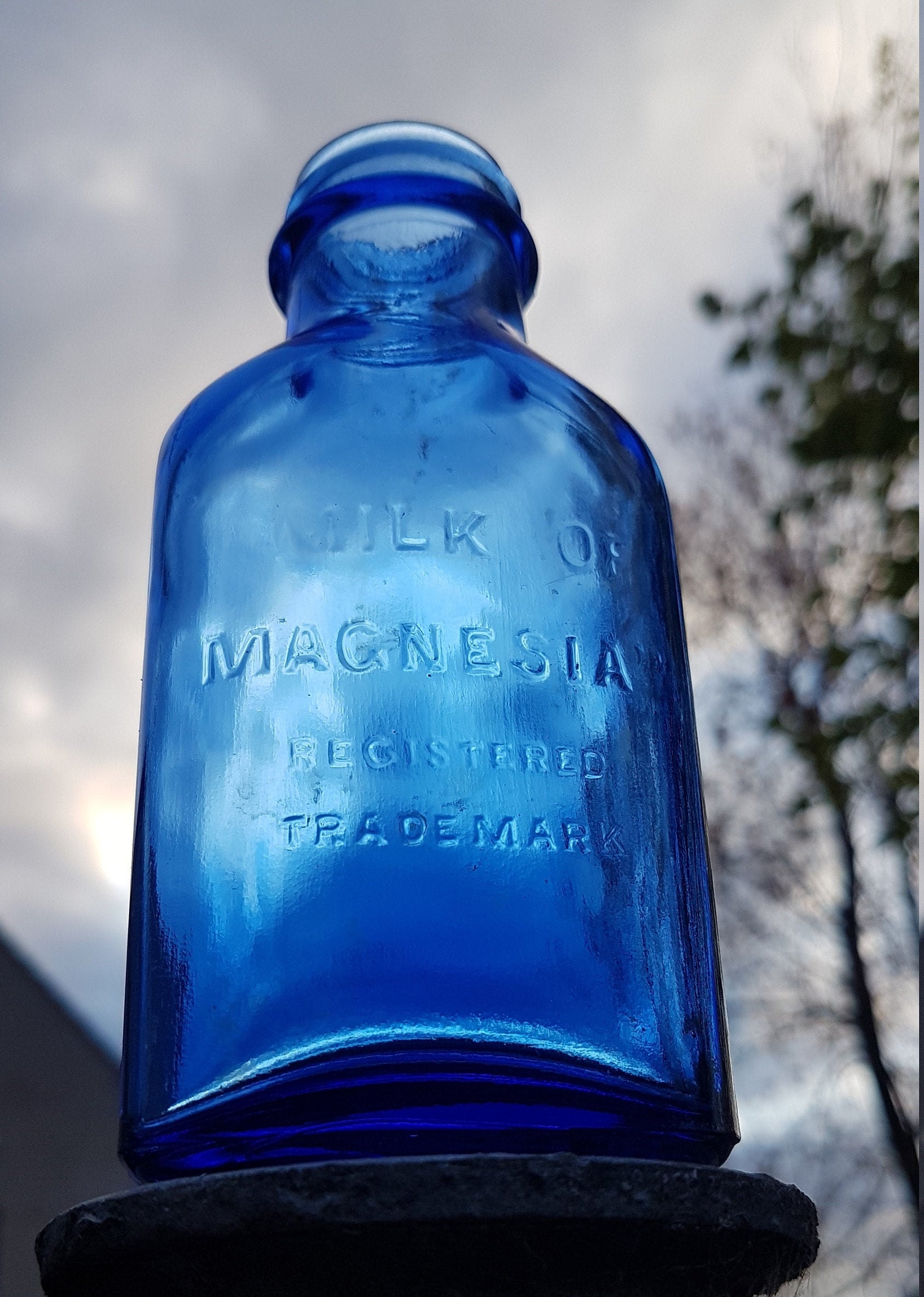 Two stunning blue glass Milk of Magnesia apothecary bottles. | Etsy