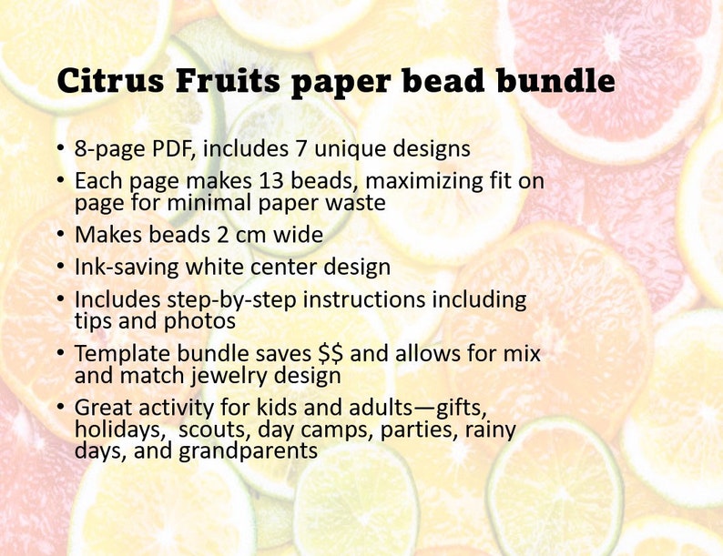 Citrus Fruits Paper Bead Template Bundle 7 Patterns and Instructions - Etsy