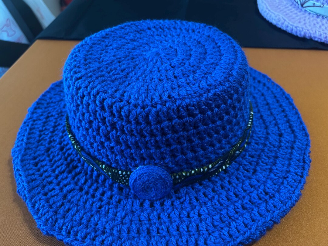 Royal Blue Crocheted Covered Fedora With Yarn Button and Ankara Covered ...