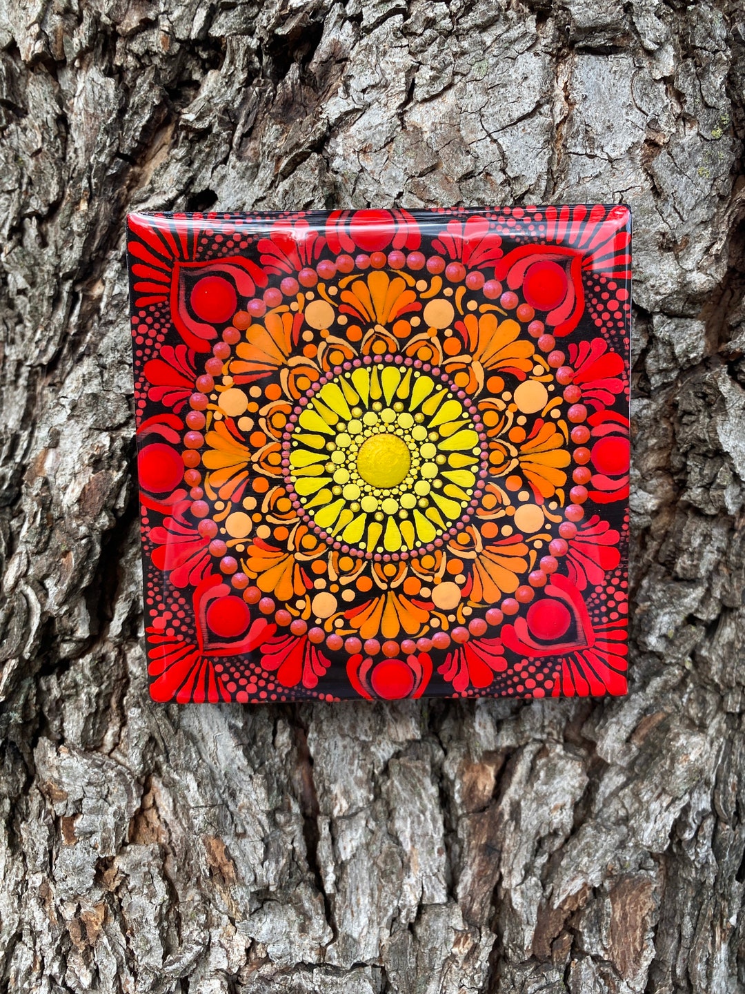 Burning Sun, Dot Mandala Painting on Wooden Panel With Resin 4 X 4 Inch ...