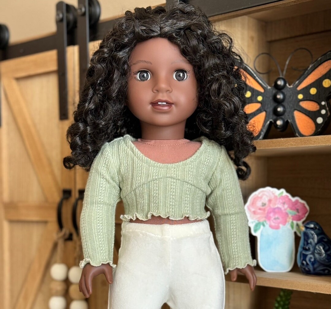 18" Doll Crop Top, Sage Green Long Sleeve Crop Top With Lettuce Hem ...
