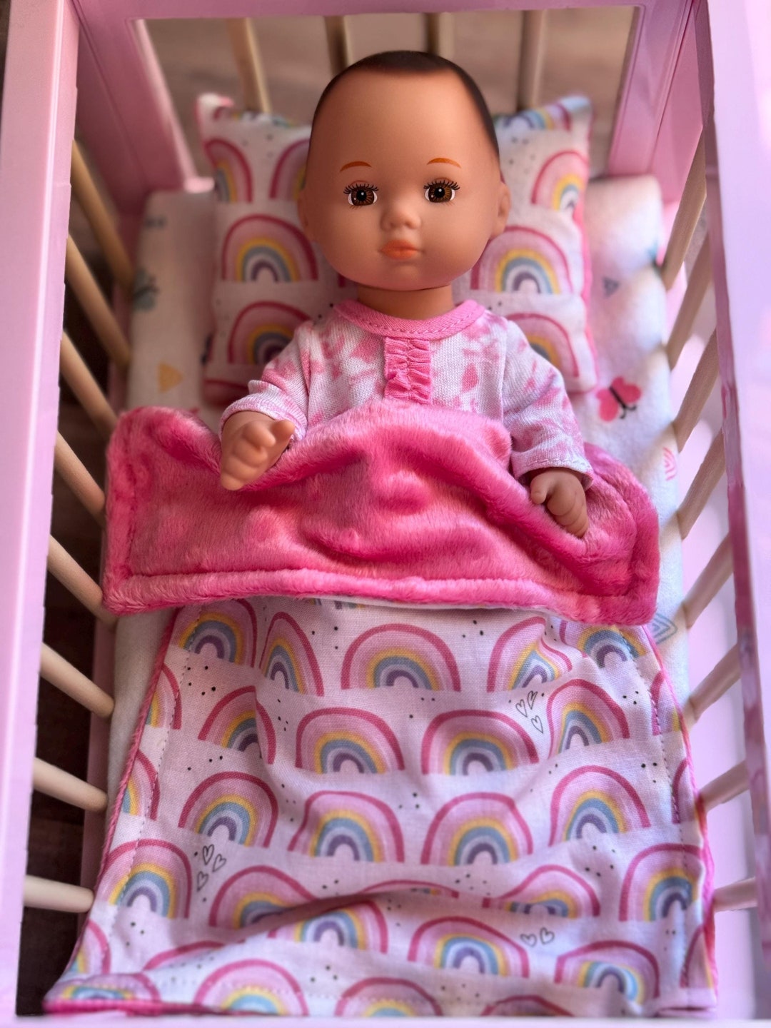 8 Inch Doll Crib Bedding Set, Pastel Rainbows and Butterflies 8" Doll ...