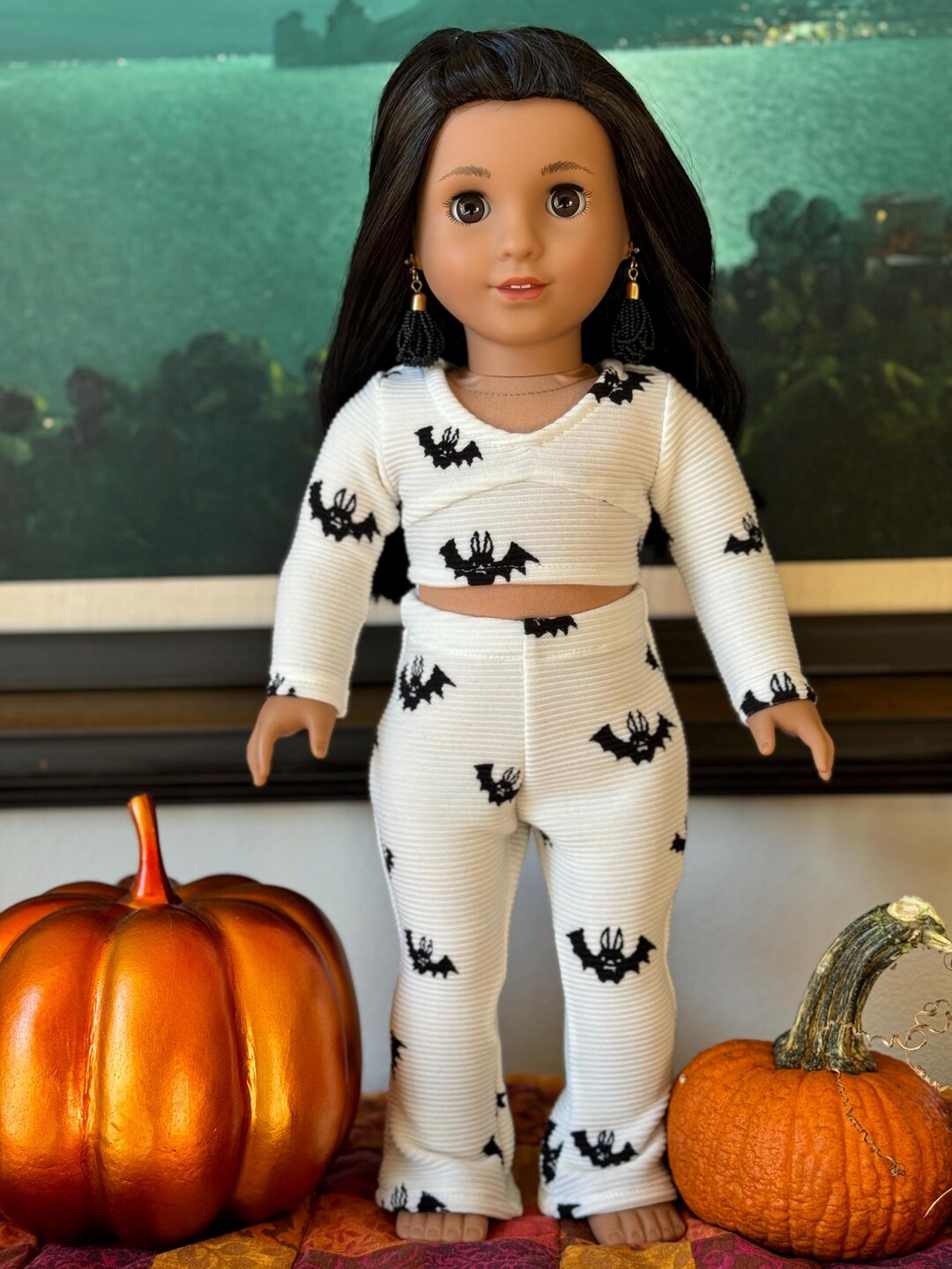 18" Doll Crop Top and Flare Pants Set, Bats, Rib Knit Long Sleeve Crop ...