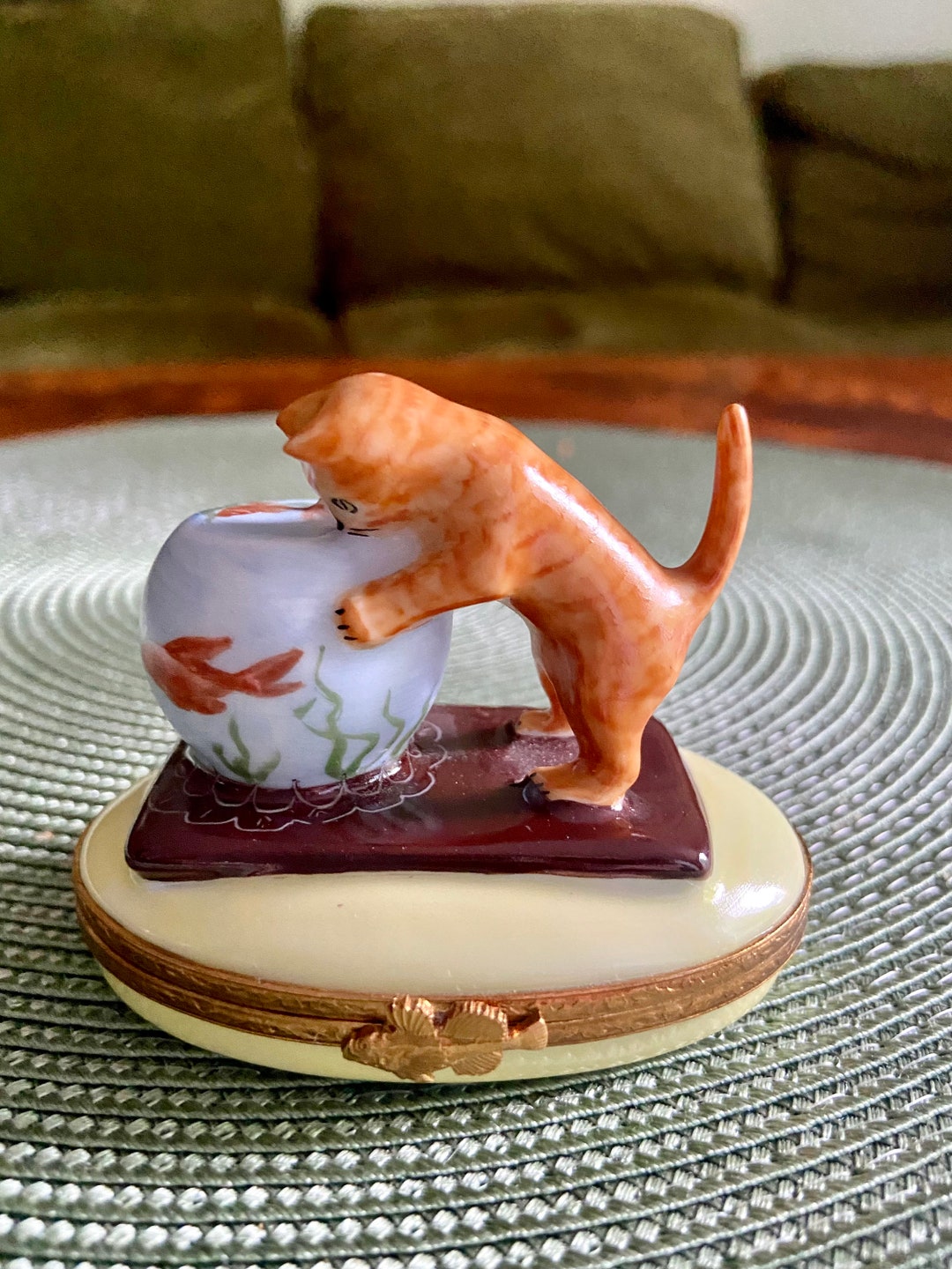 Limoges Artoria Hinged Trinket Box Cat Fishing in the Fish Bowl-made in ...