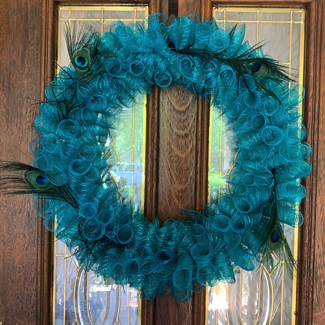 Deco Mesh Blue Green Peacock Feather Door Wreath for Spring & Summer ...