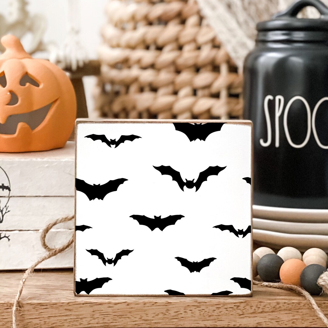 Halloween Bat Wood Block Sign, Bat Wings Wooden Sign, Halloween Tiered ...