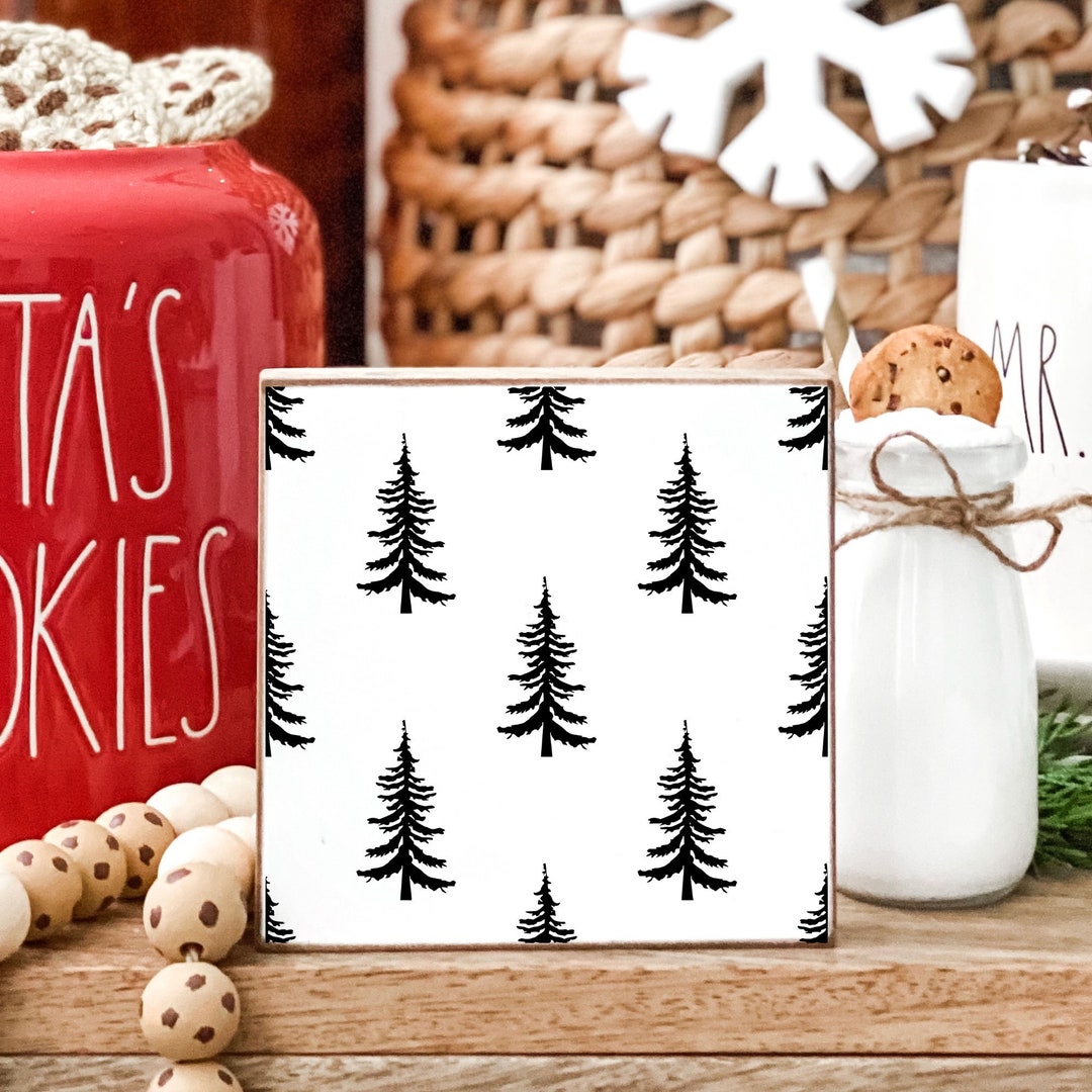Pine Tree Wood Block Sign, Wood Christmas Tree Sign, Christmas Tiered ...