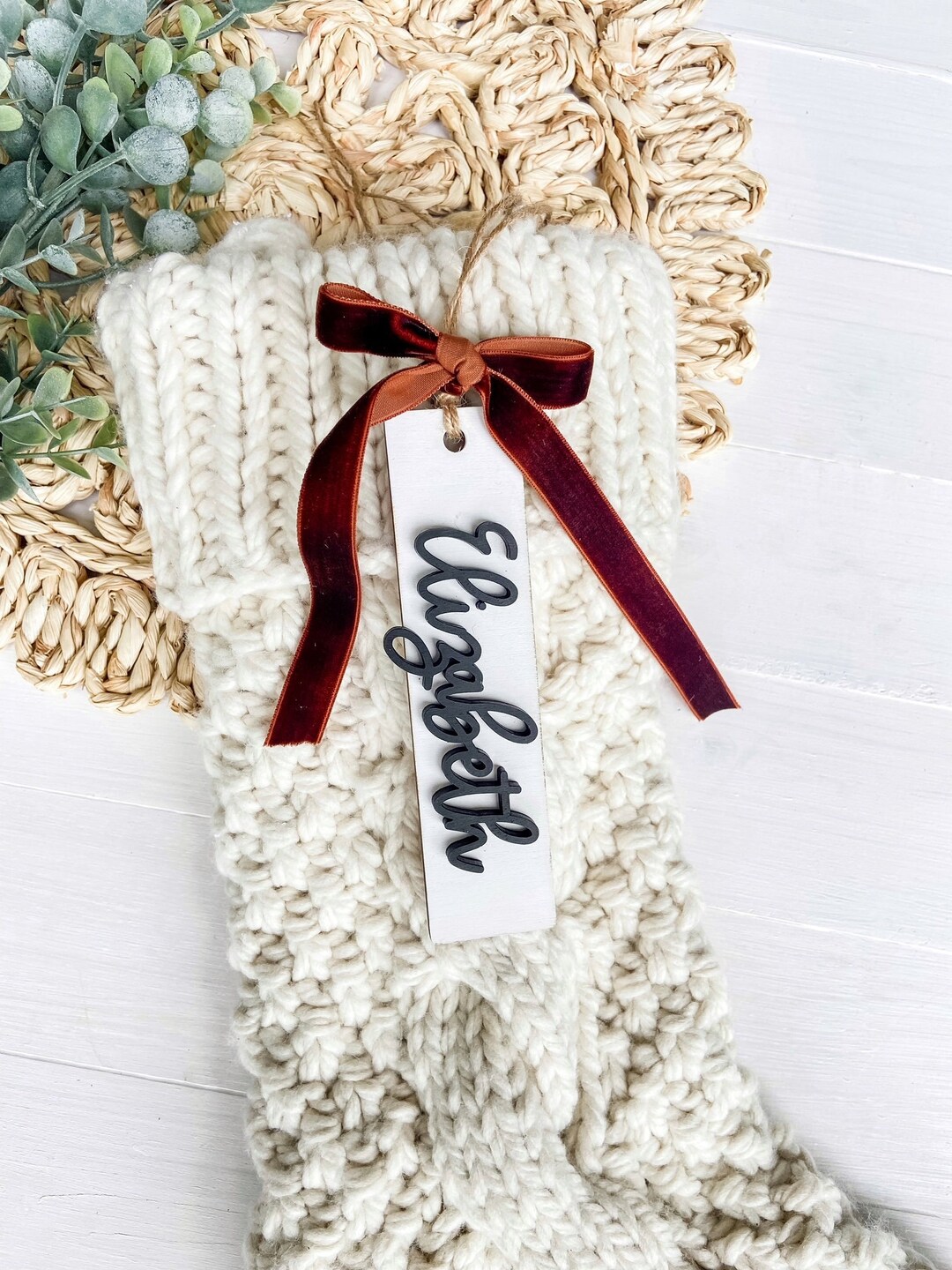 Personalized Christmas Stocking Tags With Velvet Ribbon Bow, Holiday ...