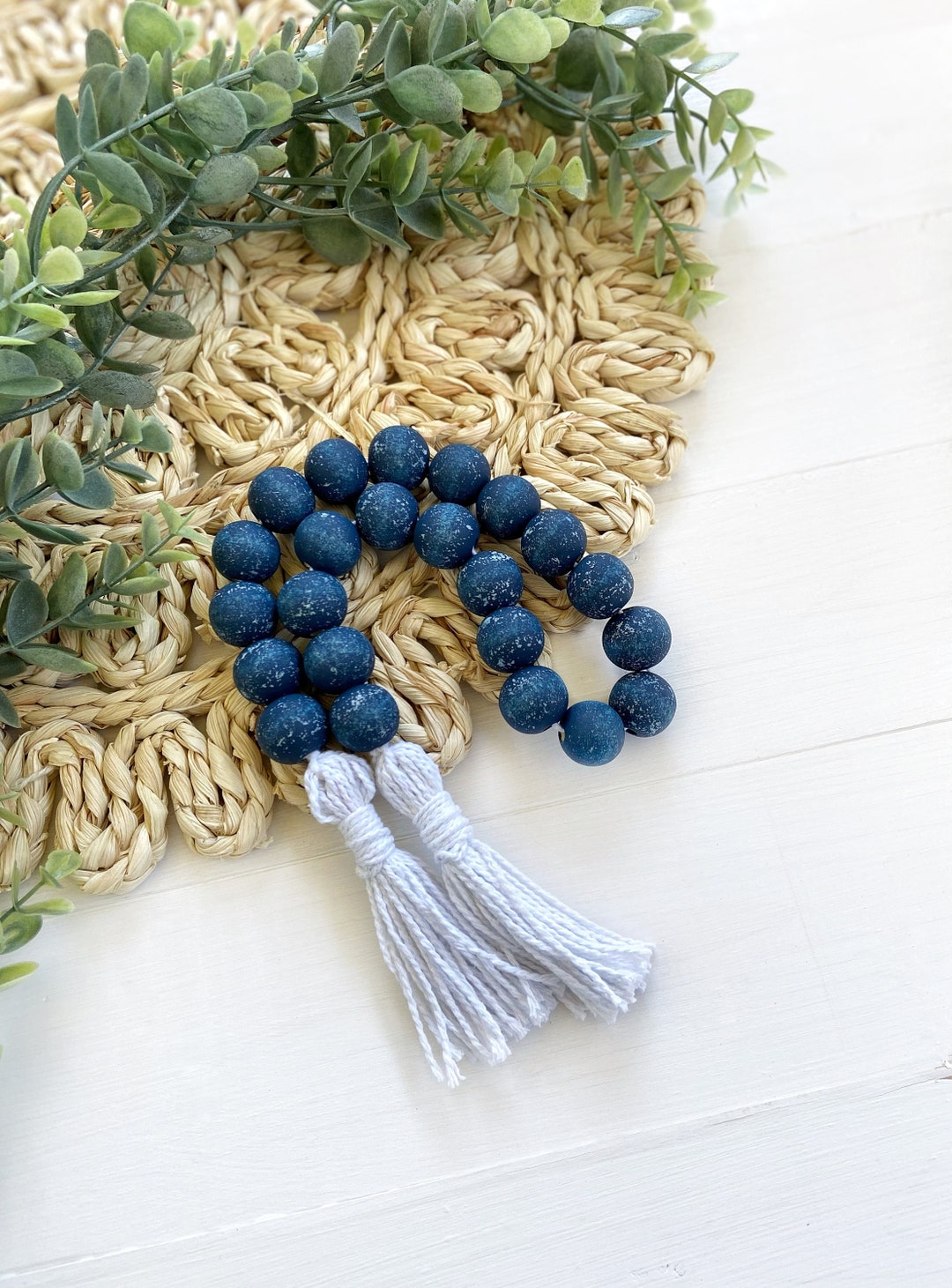 Nautical Wood Beaded Garland, Navy Blue Tiered Tray Beads, Beach House ...