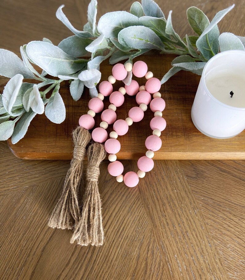 Pink Wood Bead Garland, Farmhouse Beads, Wooden Bead Garland, Tiered ...