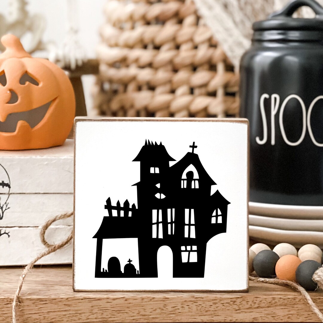 Haunted House Wood Block Sign, Halloween Tiered Tray Decor, Halloween ...