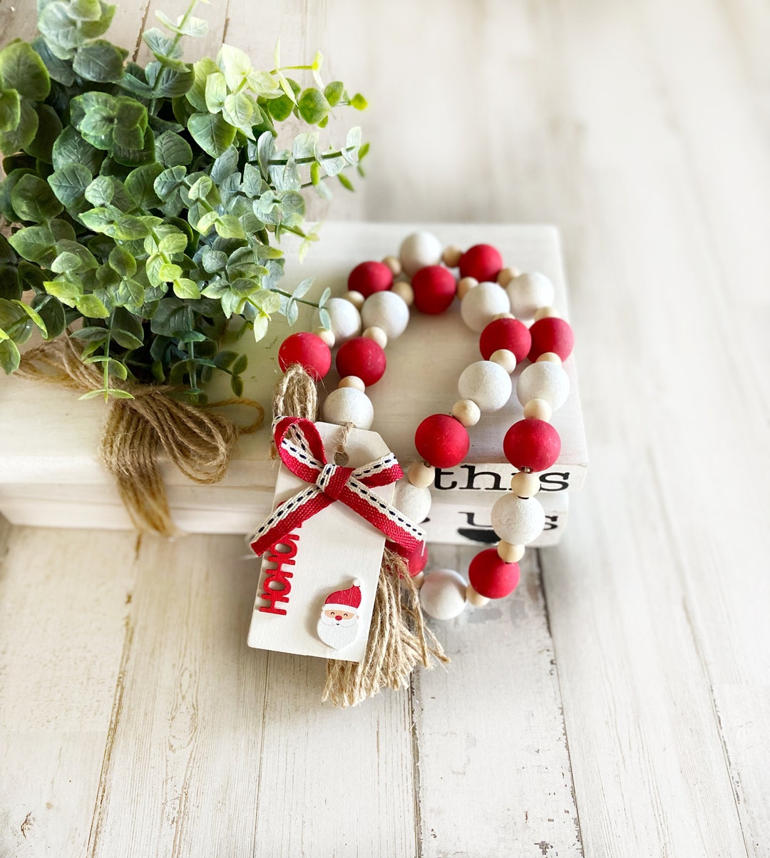 Santa Claus Christmas Garland, Santa Hat Wood Bead Garland, Wooden Bead ...