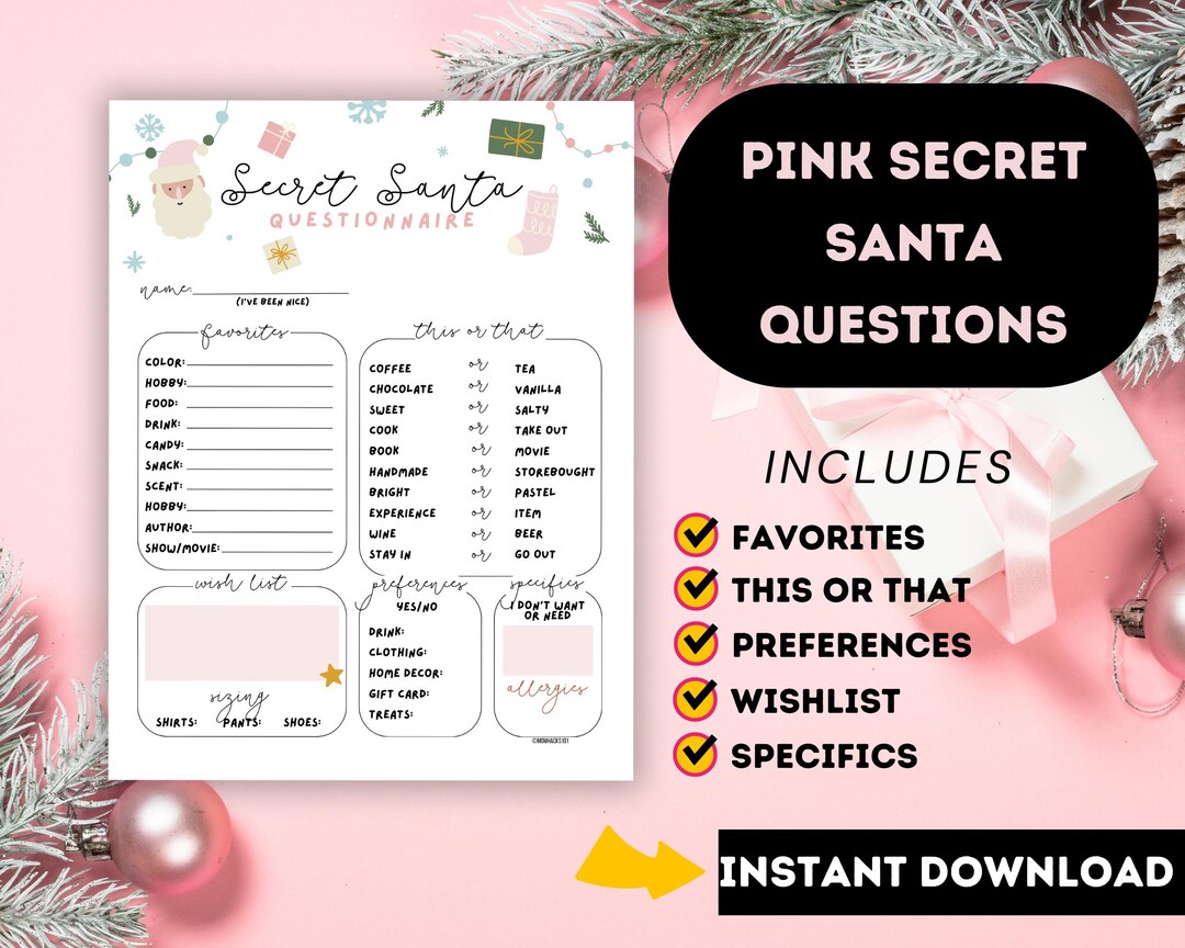 Secret Santa Questionnaire Printable, Pretty in Pink Santa, Pink ...