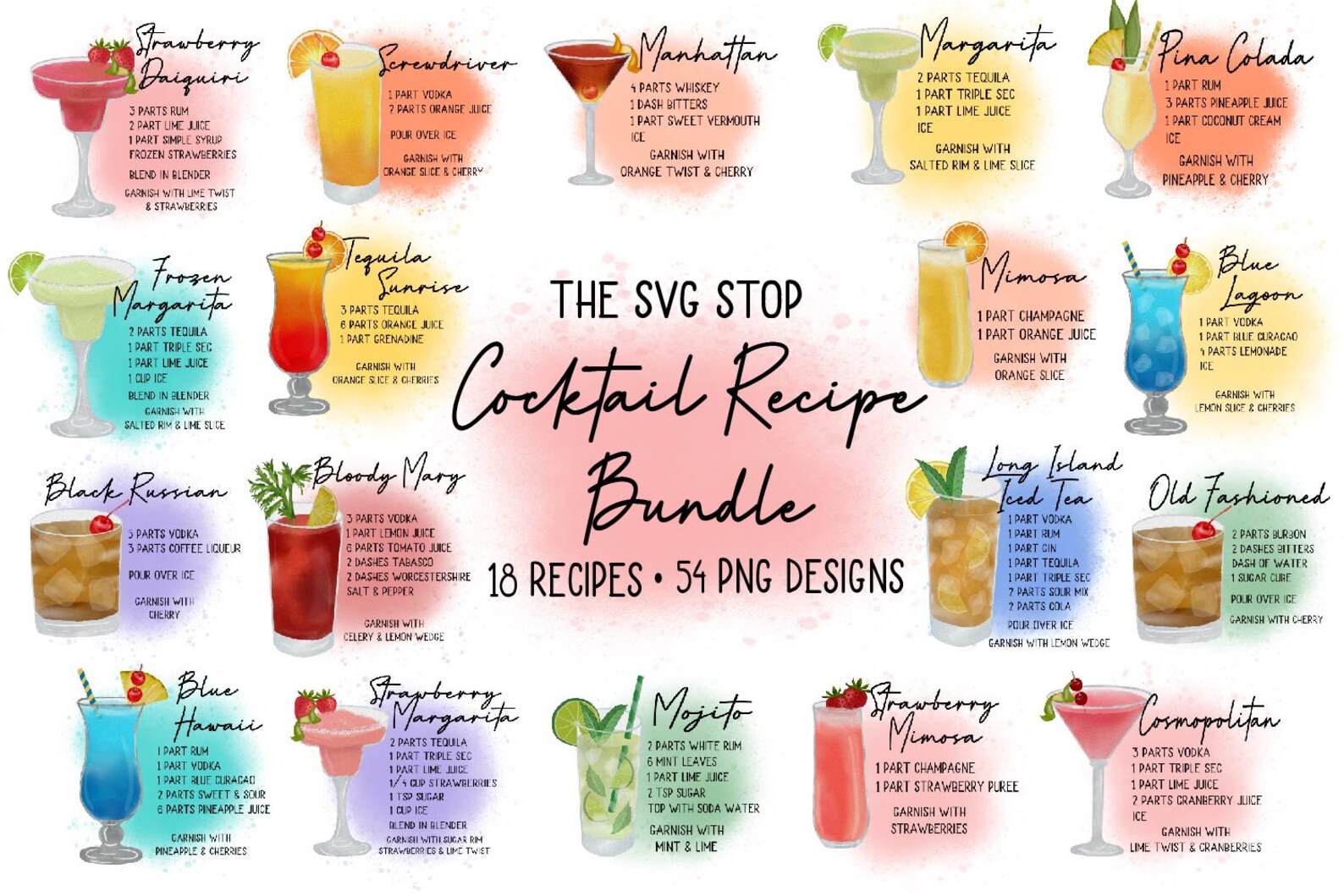 Cocktail Recipes Printable Bundle Watercolor Cocktails - Etsy