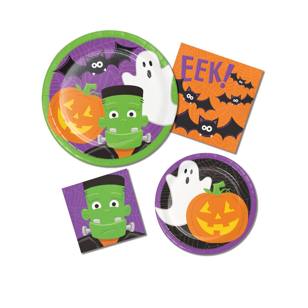 Friendly Halloween Party Set – Ghost, Bat, & Frankenstein Tableware ...