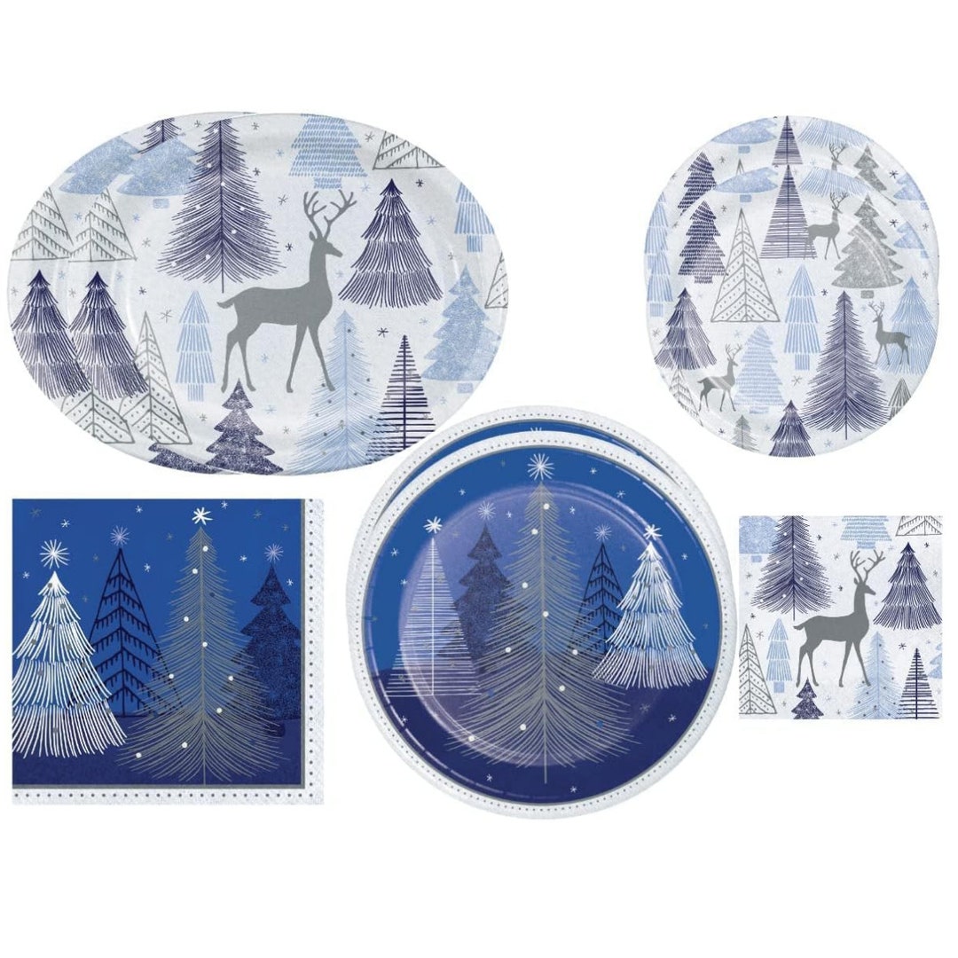 Blue & Silver Christmas Party Dinnerware Set, Holiday Trees, Serves 16 ...