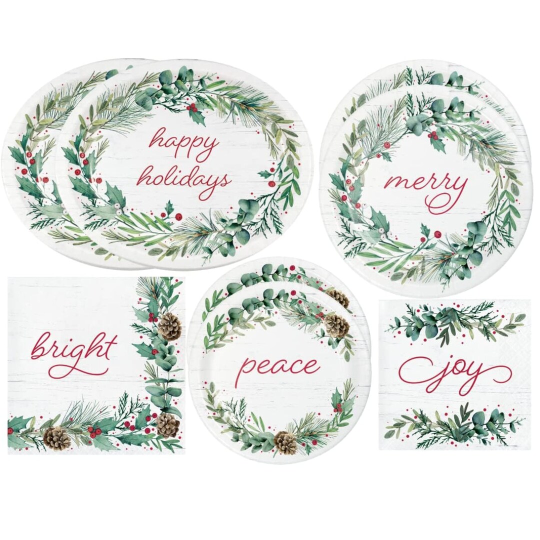 Christmas Party Dinnerware Set, Farmhouse Wreath Script Tableware ...