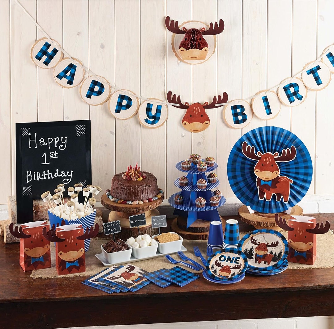 Moose Birthday Decorations, Blue Buffalo Plaid Moose Happy Birthday ...